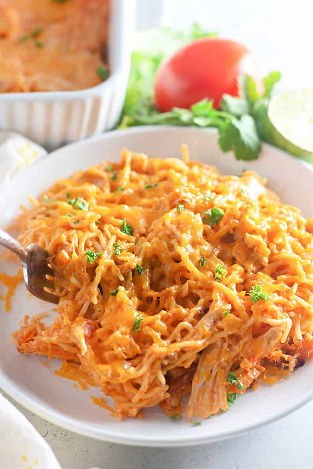 Easy Cheesy Chicken Taco Spaghetti Recipe - Simply Well Balanced